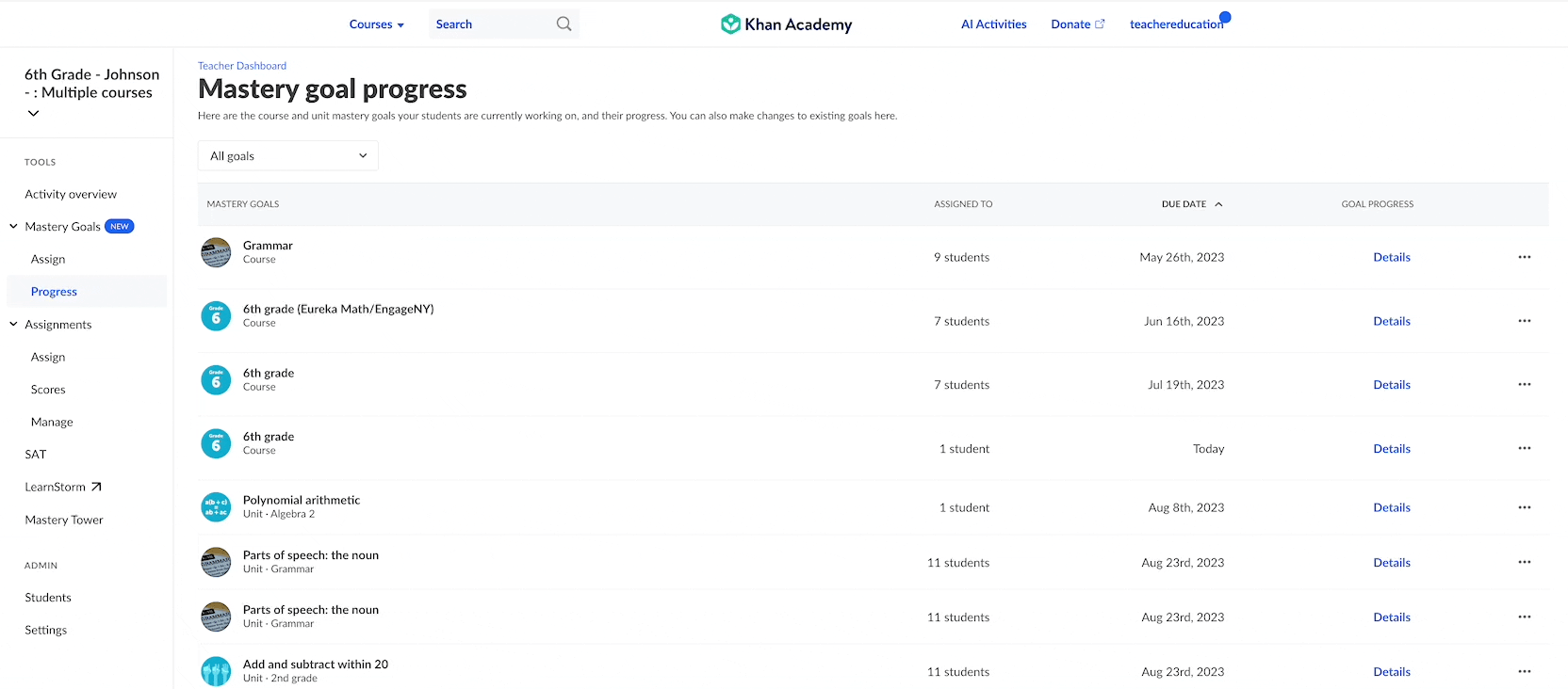 How can I view my students' progress towards their Mastery goals ...