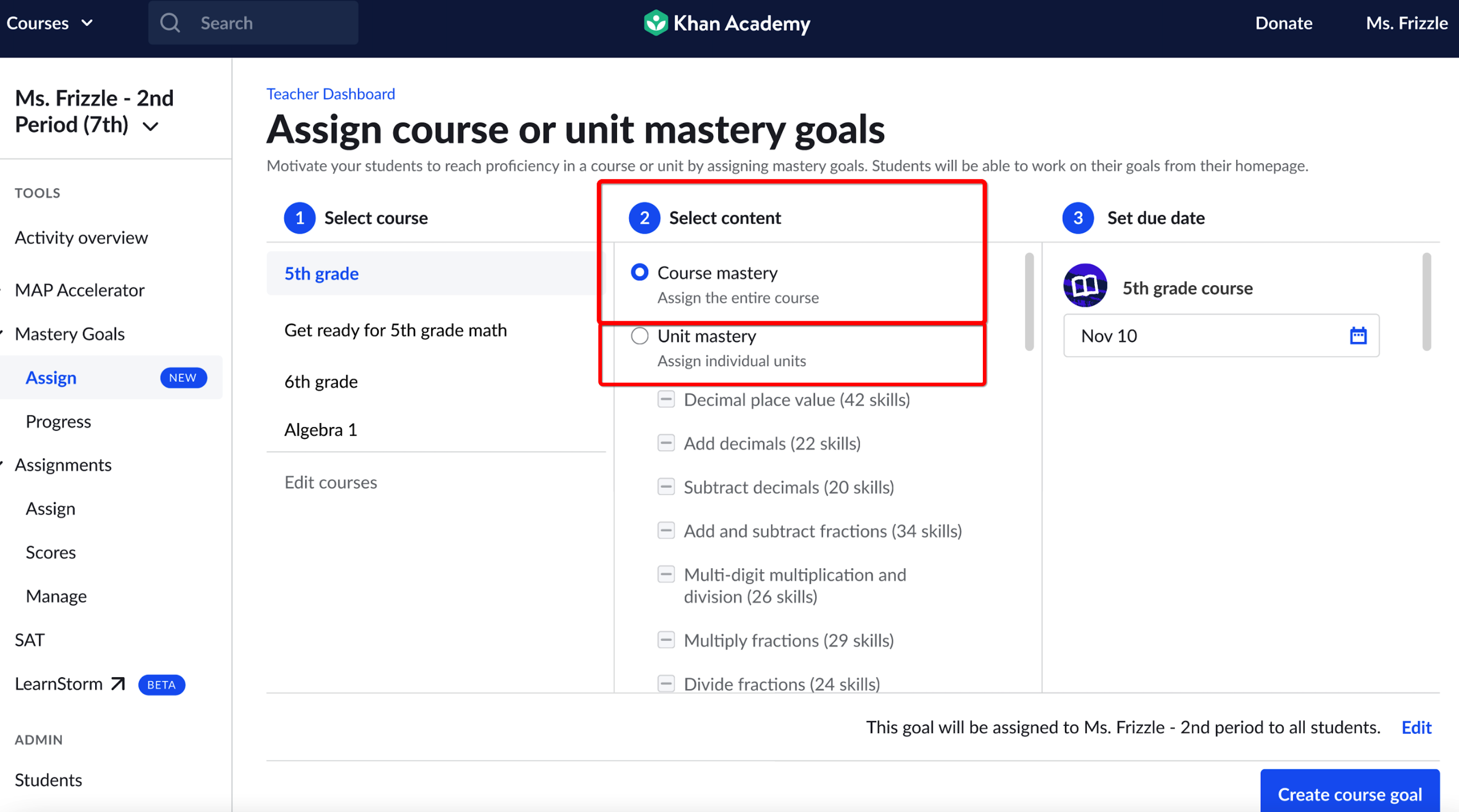 How do I create Course or Unit Mastery Goals for my students? – Khan ...