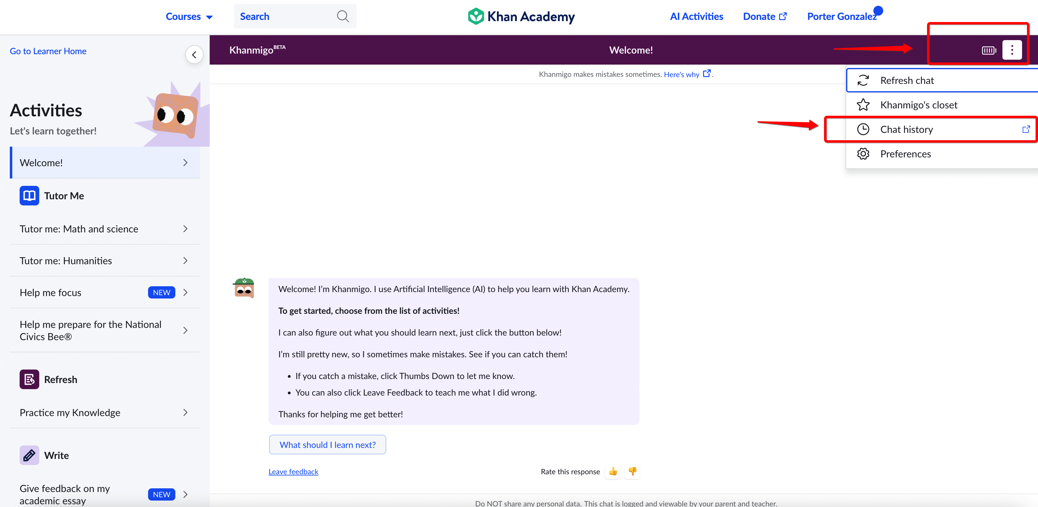 How do I view my Khanmigo chat history? – Khan Academy Help Center