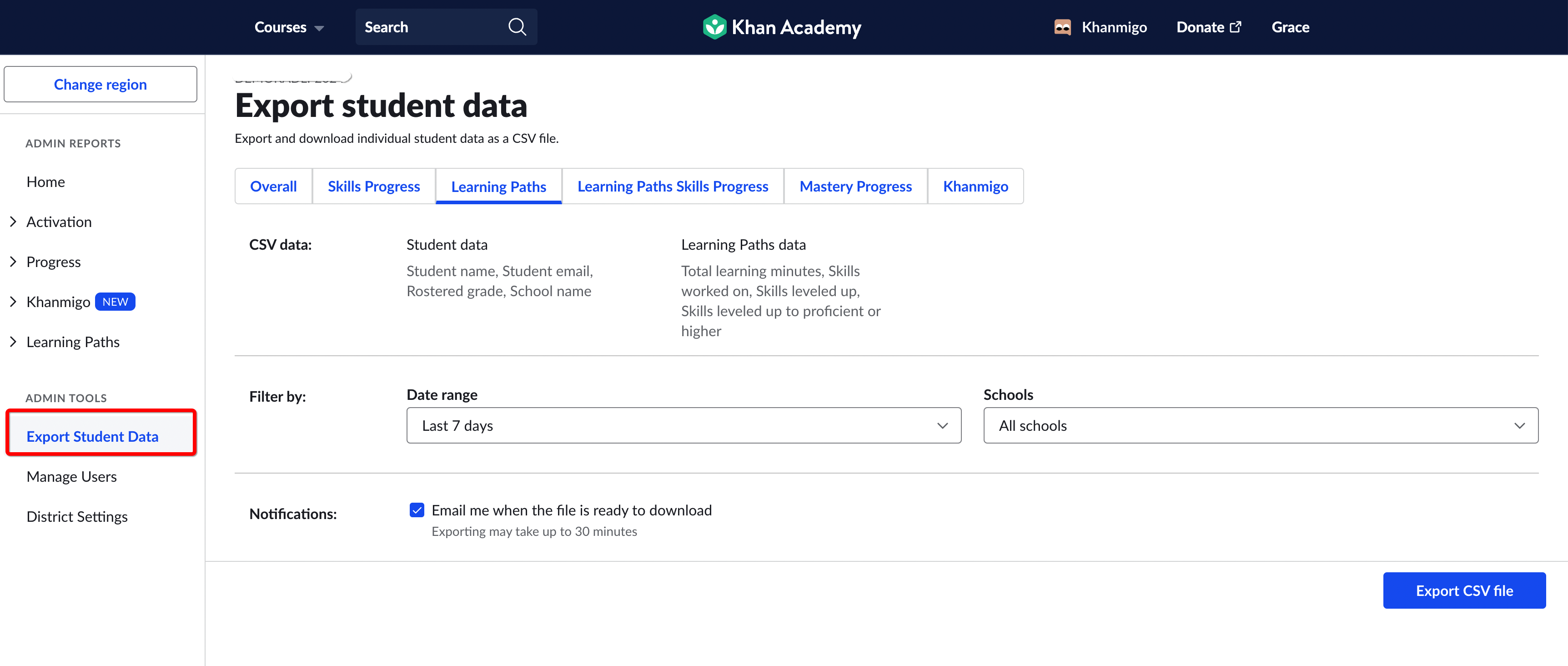 How do I export a CSV file for my Khan Academy Districts + Learning Paths administrator reports ...