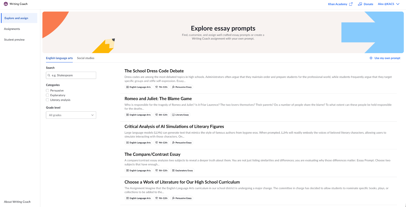 How can I use the Writing Coach essay assignments library? – Khan ...